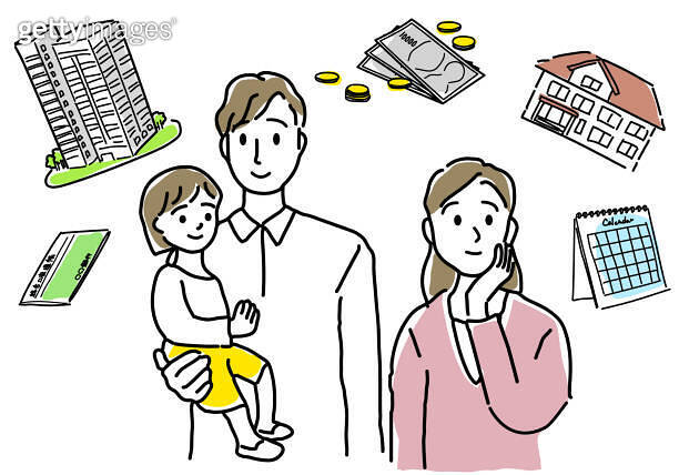 a family thinking about buying house hand drawing illustration ...