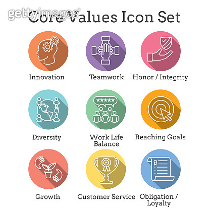 Core Values icon set with teamwork, work life balance with diversity ...