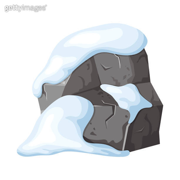 Stone and rock in snow. Snowy mountains in cartoon, heap of boulders in ...