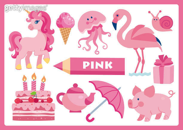 Pink color cartoon illustration for learning colors. Cute pink objects ...