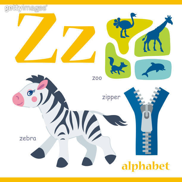 Alphabet letter Z with cartoon vocabulary illustration: zebra, zipper ...