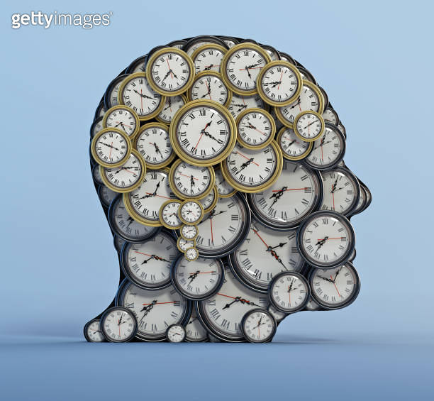 Group of clocks forming brain and head shapes. Aging of the human brain ...