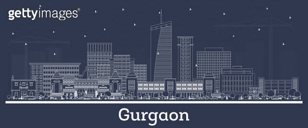 Outline Gurgaon India city skyline with white buildings. Business ...