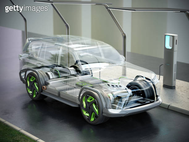 Electric SUV with transparent body and chassis with electric motors and ...