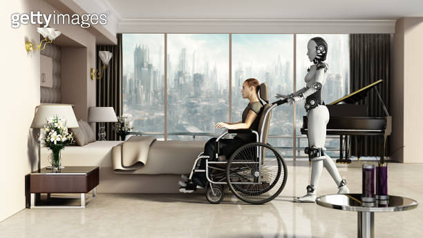 Female humanoid robot pushing a wheelchair, helping a disabled person ...