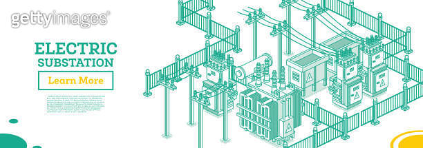 Isometric Energy Substation. Electric Transformer. Outline Concept ...