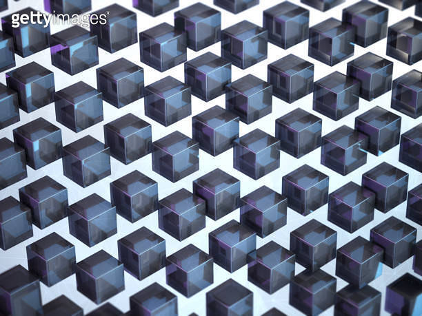Stacked linked cubes arranged in a row. Business process abstract 이미지 ...