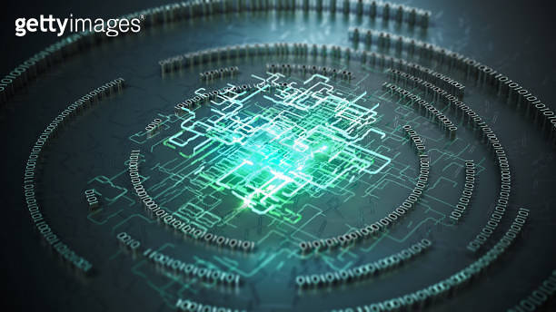 Abstract circular binary code belts as firewall around data icon ...