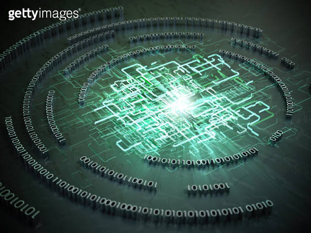 Abstract circular binary code belts as firewall around data icon ...