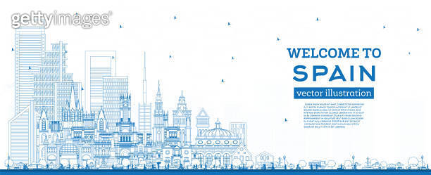 Welcome to Spain. Outline City Skyline with Blue Buildings. Modern and ...