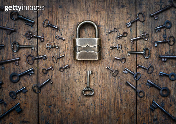 Antique door lock and old keys on a tree. Find your matching key to the ...