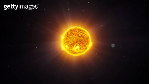 Panoramic view of the Sun and star. The sun shines in space. A wide ...