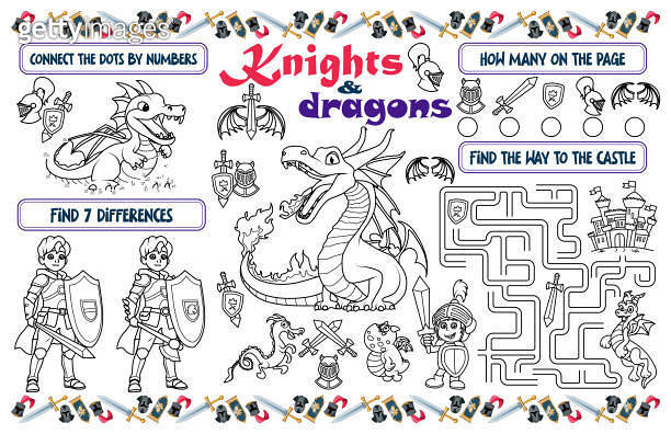 Printable mat "Knights and dragons" with a labyrinth, connect the dots ...