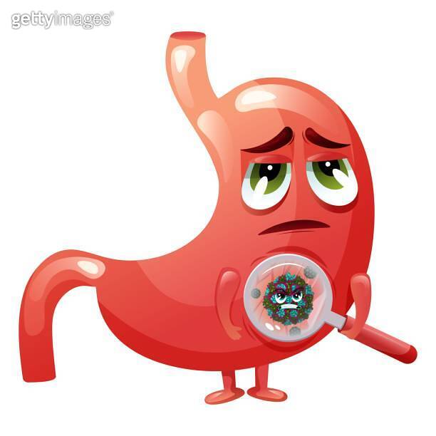 Sick sad stomach cartoon character with norovirus under magnifying ...