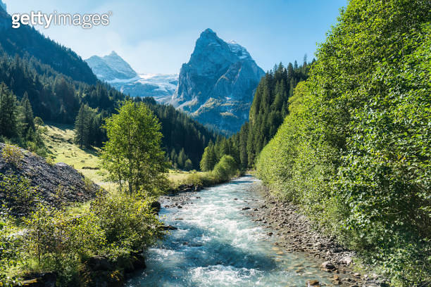 View of Rosenlaui with wellhorn and Reichenbach river in summer at Bern ...