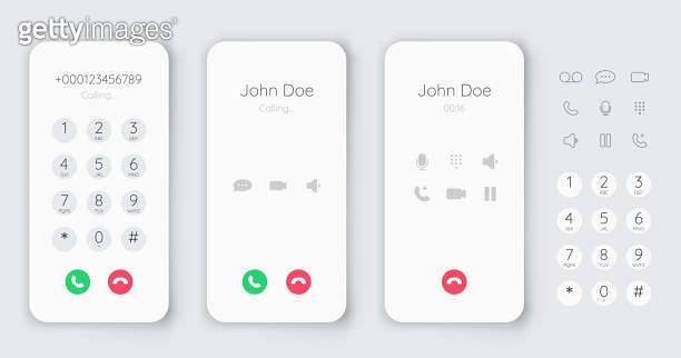 Smartphone dial phone ui set. Phone number pad, call screen with keypad and dial buttons. Mockup ...