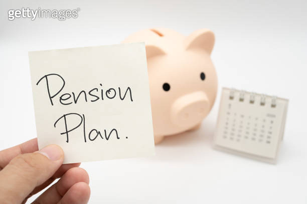Piggy Bank, Desk calendar and Pension Plan Note Paper isolated on white ...