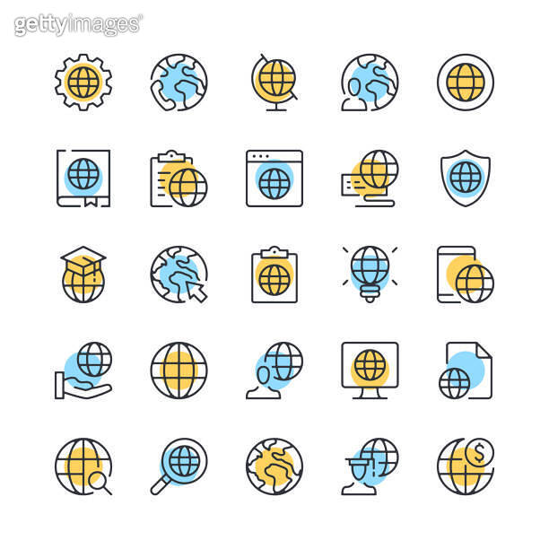 Globe line icons. Set of global icons. Black, blue and yellow colors. Modern linear outline ...