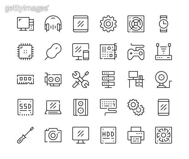Computer hardware icons. Vector line icons set. Laptop and PC ...