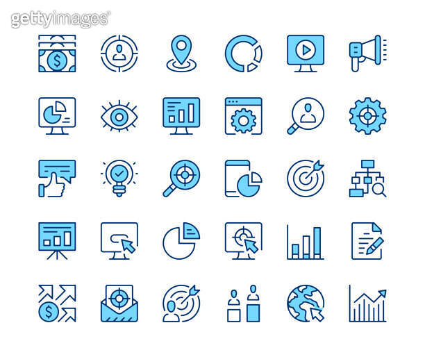 Digital marketing icons set. Vector line icons. Blue color outline ...