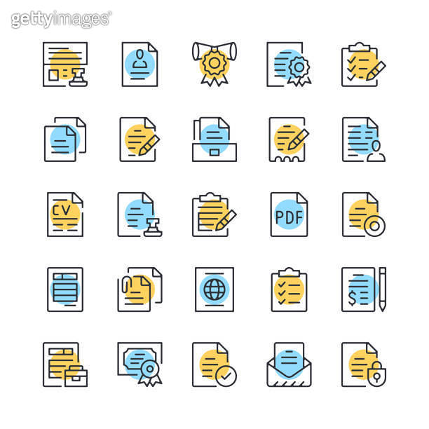 Documents line icons. Set of document icons. Black, blue and yellow ...