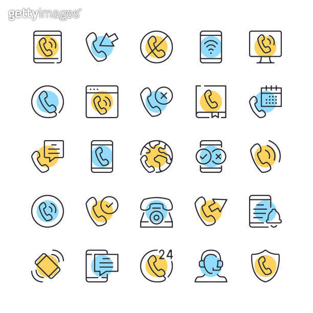 Phone line icons. Set of phone call icons. Black, blue and yellow ...