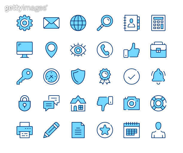 Basic icons set. Vector line icons. Blue color outline stroke symbols ...