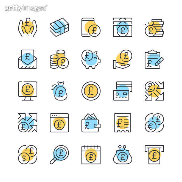 Pound line icons. Set of UK pound icons. Black, blue and yellow colors. Modern linear outline ...