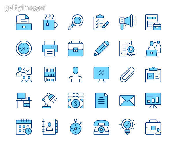 Office icons set. Vector line icons. Blue color outline stroke symbols ...