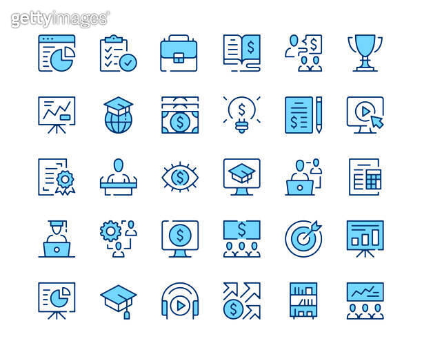 Business training icons set. Vector line icons. Blue color outline ...