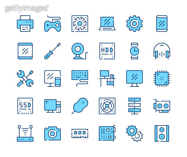 Computer hardware icons set. Vector line icons. Blue color outline ...