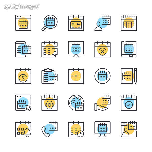 Calendar line icons. Set of schedule icons. Black, blue and yellow ...