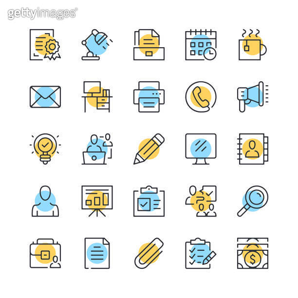 Office line icons. Set of office work icons. Black, blue and yellow ...
