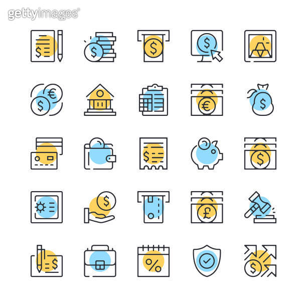 Banking line icons. Set of bank icons. Black, blue and yellow colors ...