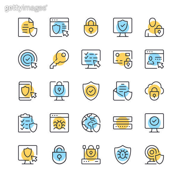 Internet security line icons. Set of online security icons. Black, blue and yellow colors ...