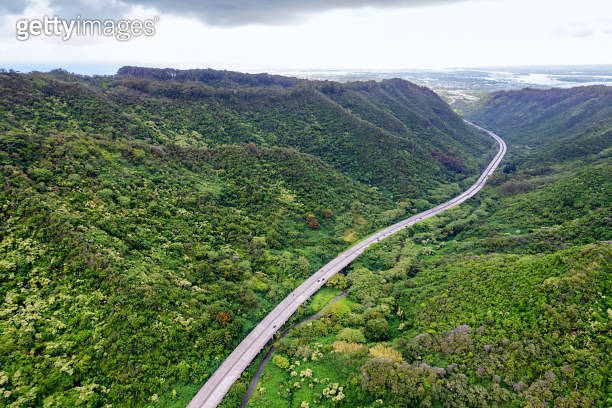 Aerial view of H3 highway in Oahu, Hawaii, one of the most expensive ...