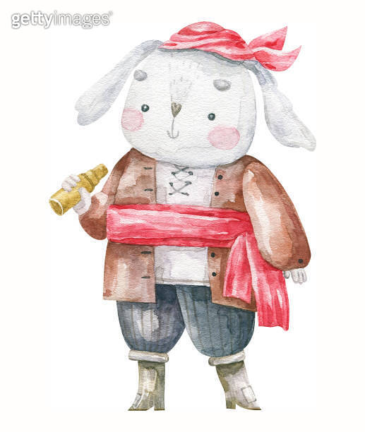 watercolor pirate animal illustration, cute childish isolated clipart ...