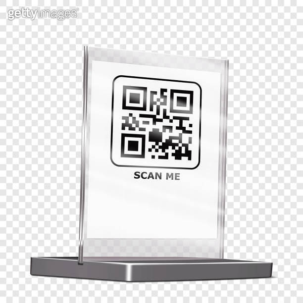Acrylic QR code holder display realistic mock-up. Clear square plexi ...