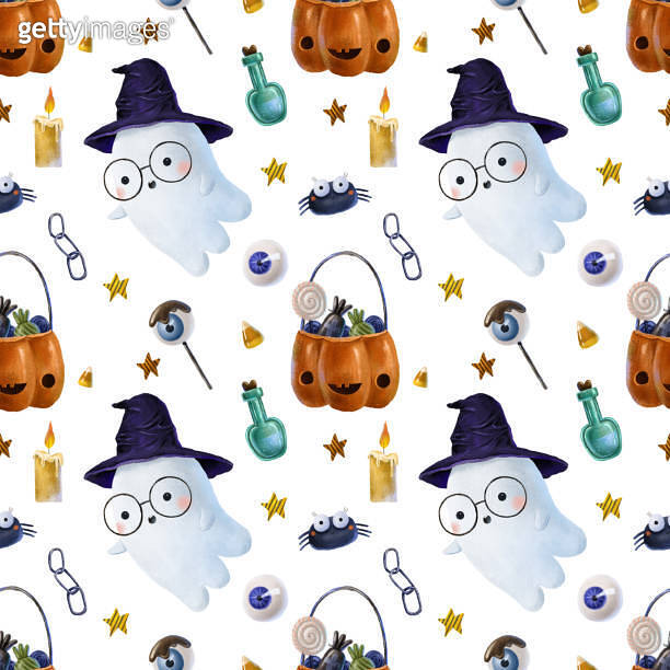 Loopable pattern for Halloween with ghost in wizard black hat, p 이미지 ...