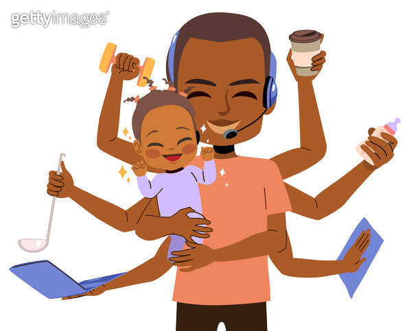Busy Multitasking Father Holding His Baby Vector Illustration ...