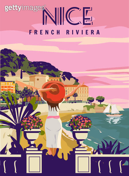 Nice French Riviera coast poster vintage. Lady on vacation, palm ...