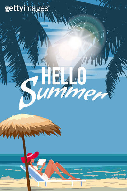 Hello Summer poster. Woman in chaise lounge with book on the beach ...