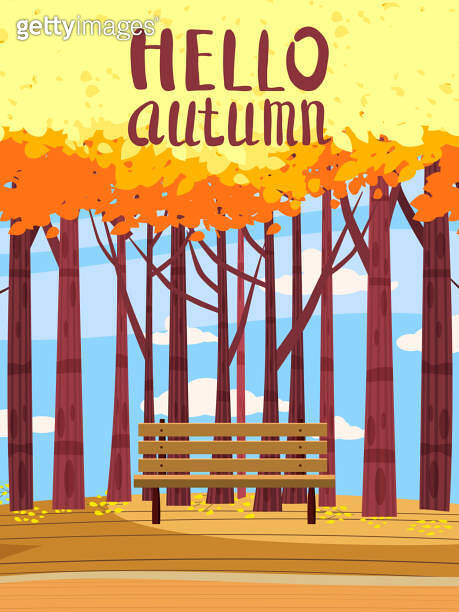 Autumn landscape poster, fall trees with yellow leaves, lonely bench ...