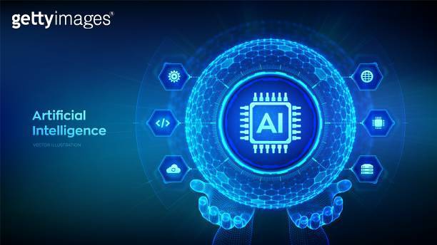 AI. Artificial Intelligence in the shape of sphere with hexagon grid pattern in wireframe hands ...
