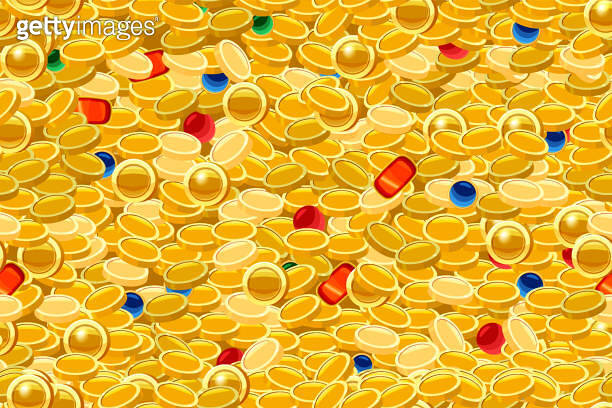 Gold coin seamless pattern background, pile of gold coins with gem ...