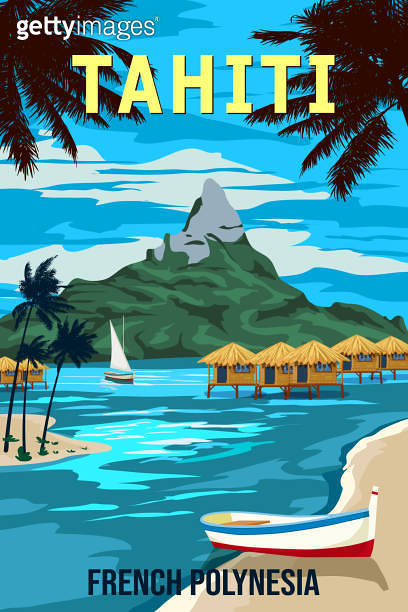 Tahiti travel poster resort. French Polynesia paradise resort ...
