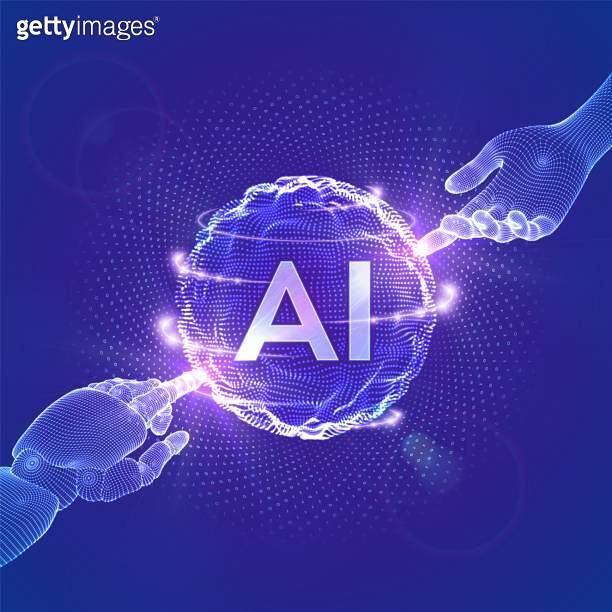 AI. Artificial Intelligence. Hands of Robot and Human touching sphere grid wave with binary code ...