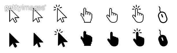 Set of flat cursor icons in hand, arrow and mouse forms. Mouse click ...