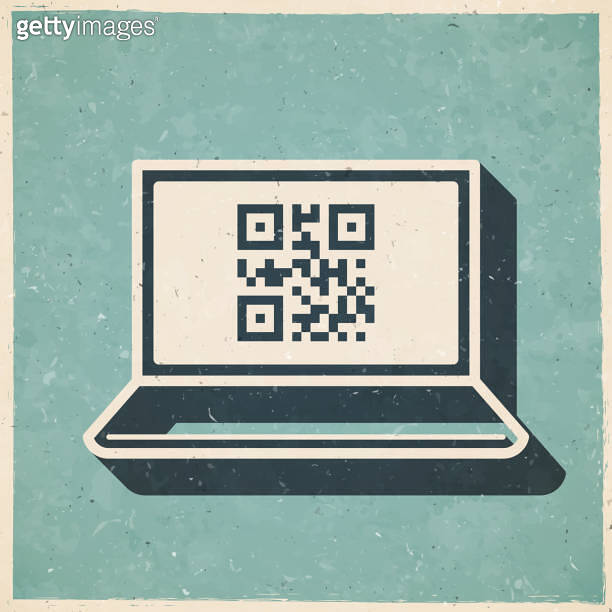 Laptop with QR code. Icon in retro vintage style - Old textured paper ...