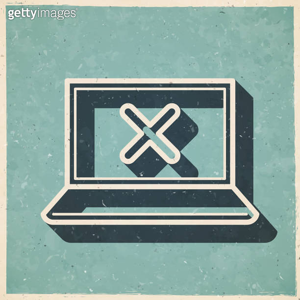 Laptop with cross mark. Icon in retro vintage style - Old textured ...